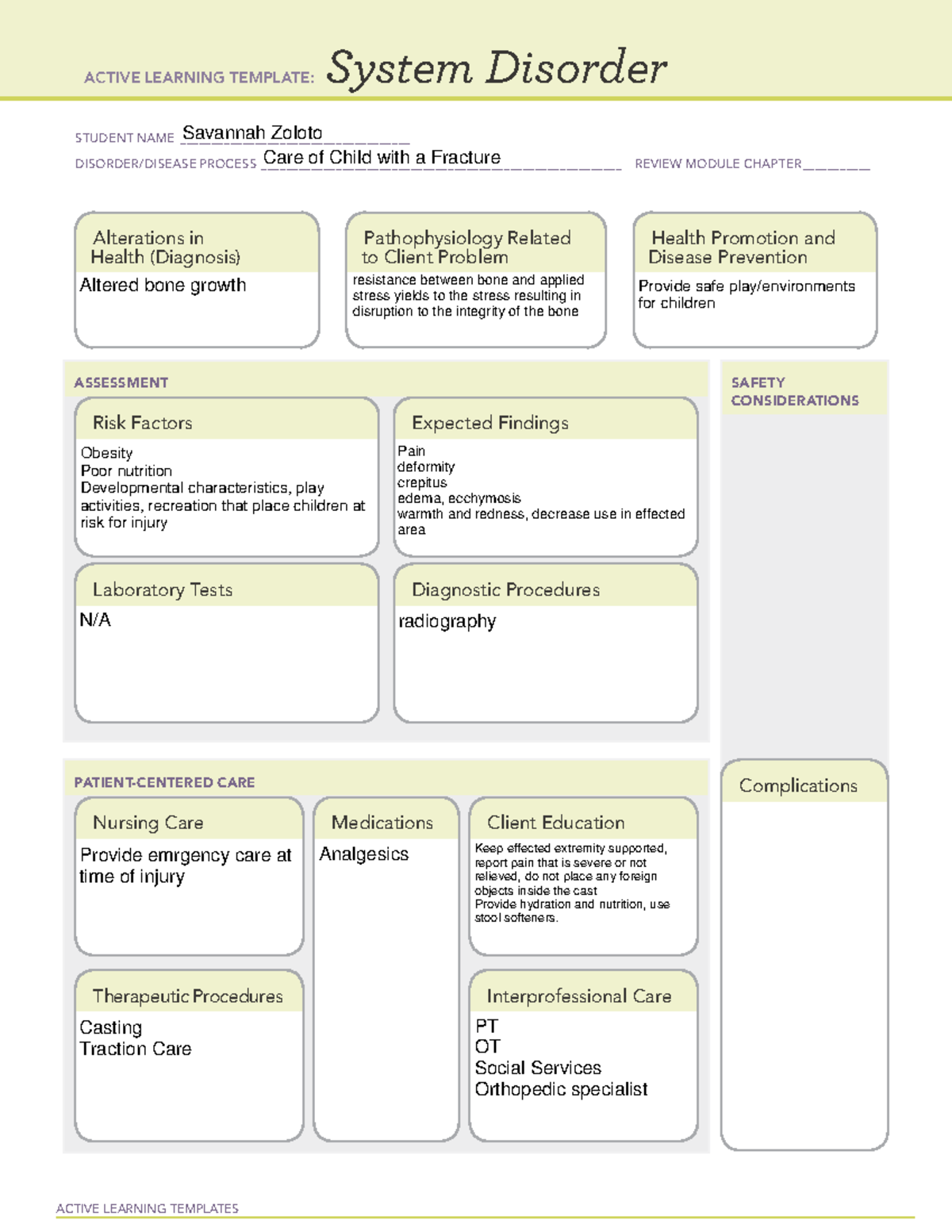 Child with Fracture: System Disorder Active Learning Template - Studocu