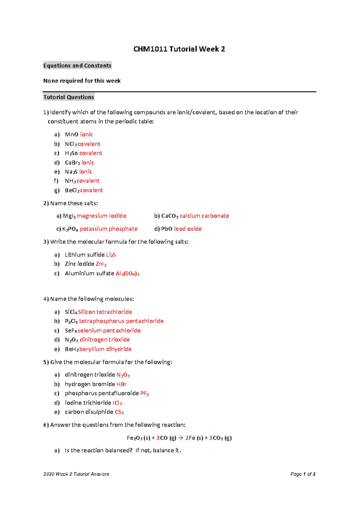 CHM1011 2020 W2 tutorial answers - 2020 Week 2 Tutorial Answers Page 1 ...