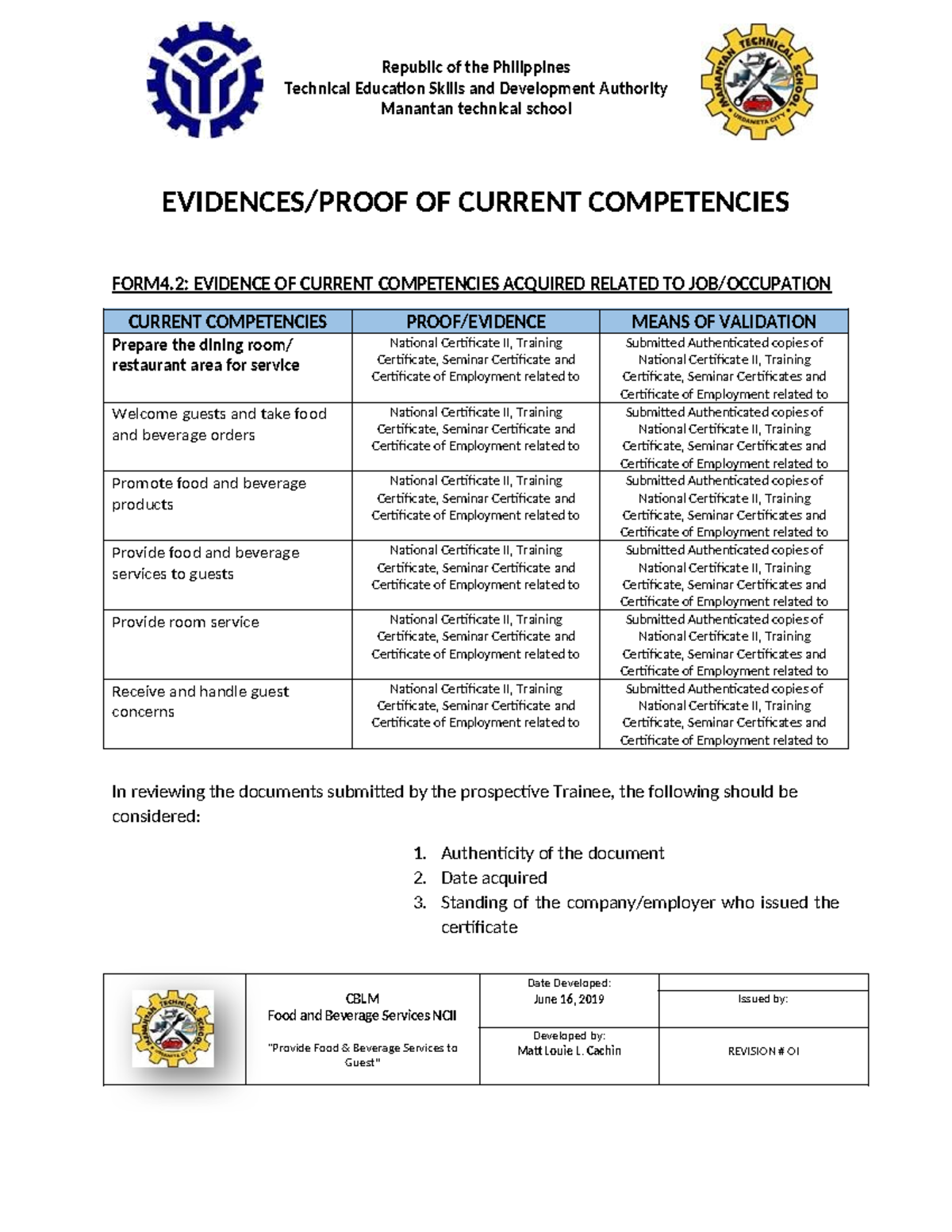 3. Form 4.2 Evidence or proof of current competrencies - Republic of ...
