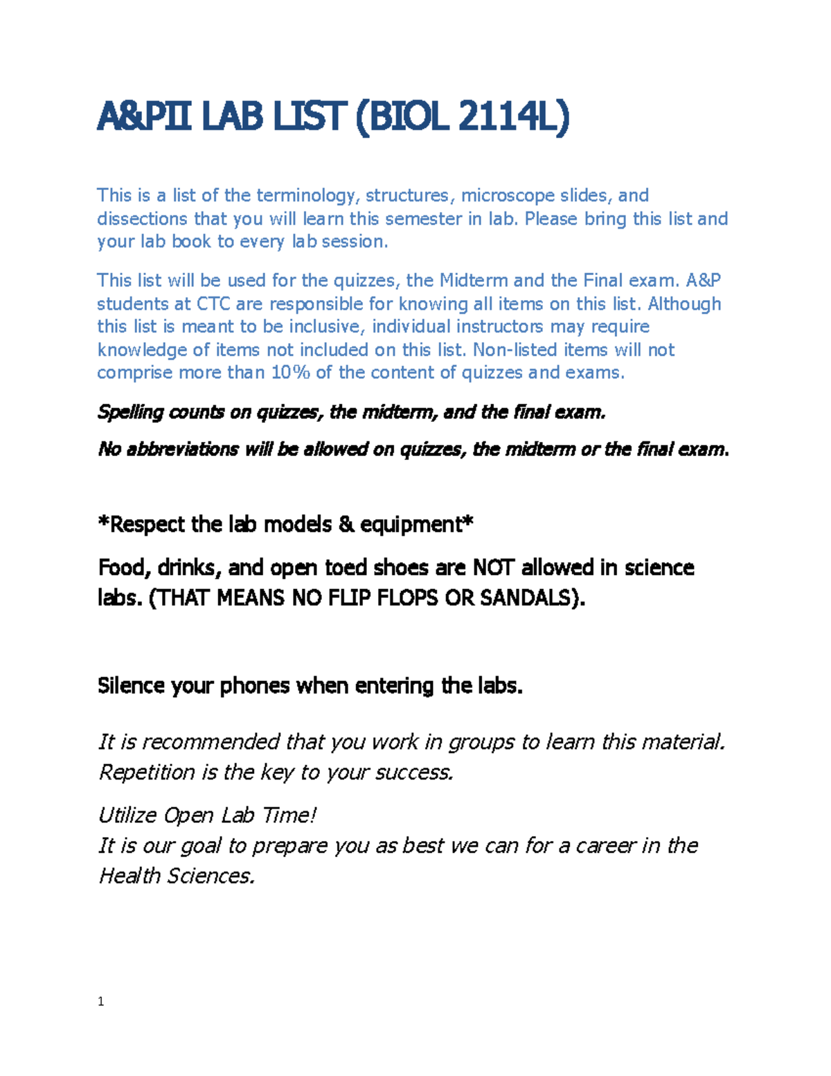 A&P II Lab List - Notes - A&PII LAB LIST (BIOL 2114 L) This is a list ...