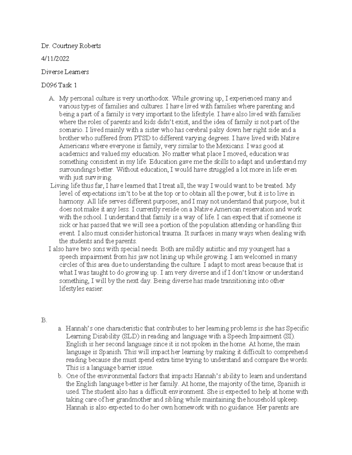 D096 Task 1 - Understanding Diverse Learners and Their Challenges - Studocu