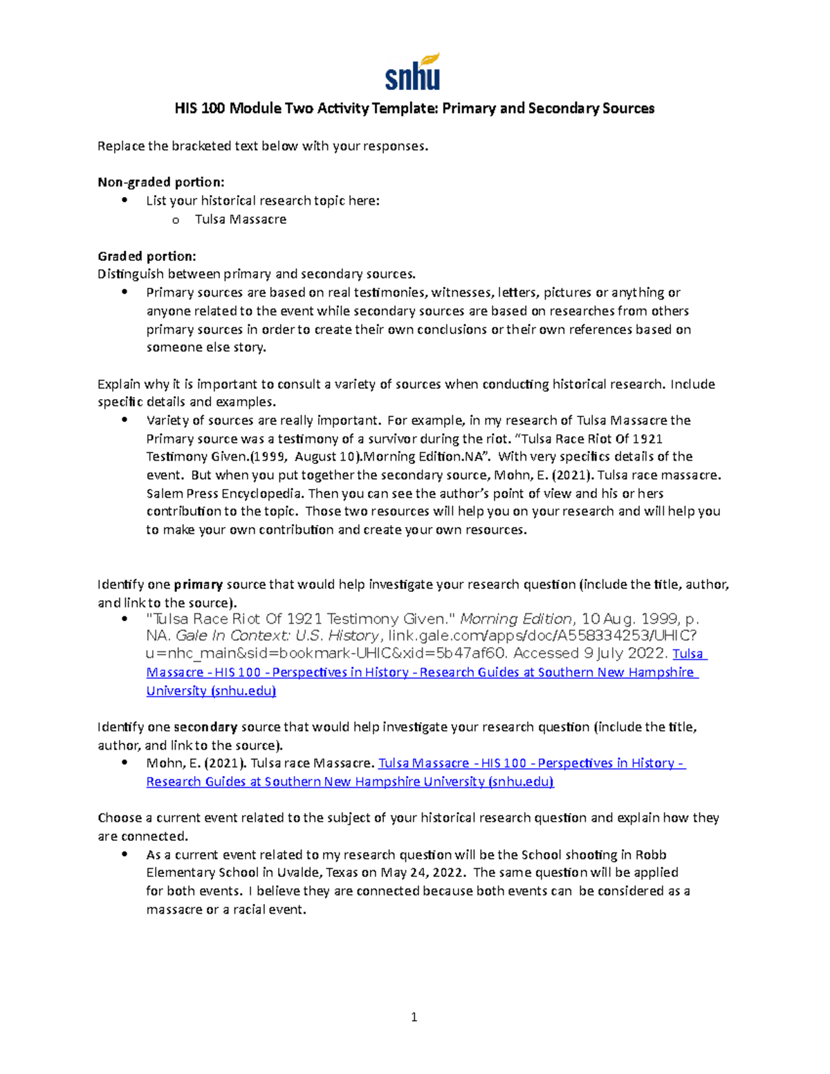 HIS 100 Module Two Activity: Primary vs Secondary Sources Analysis ...