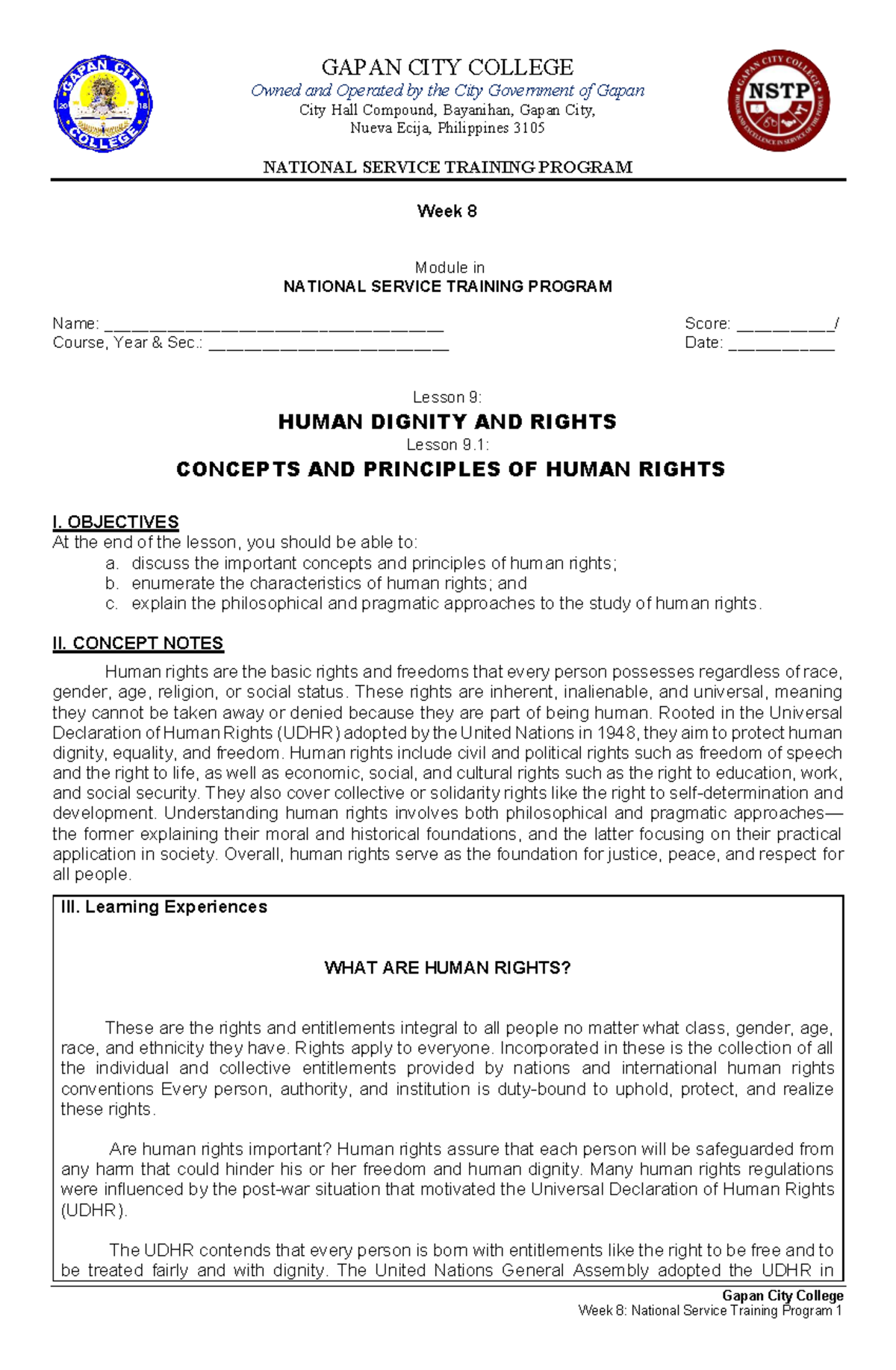 GAPAN CITY COLLEGE NSTP 2 Week 8: Human Dignity & Rights Review Notes ...