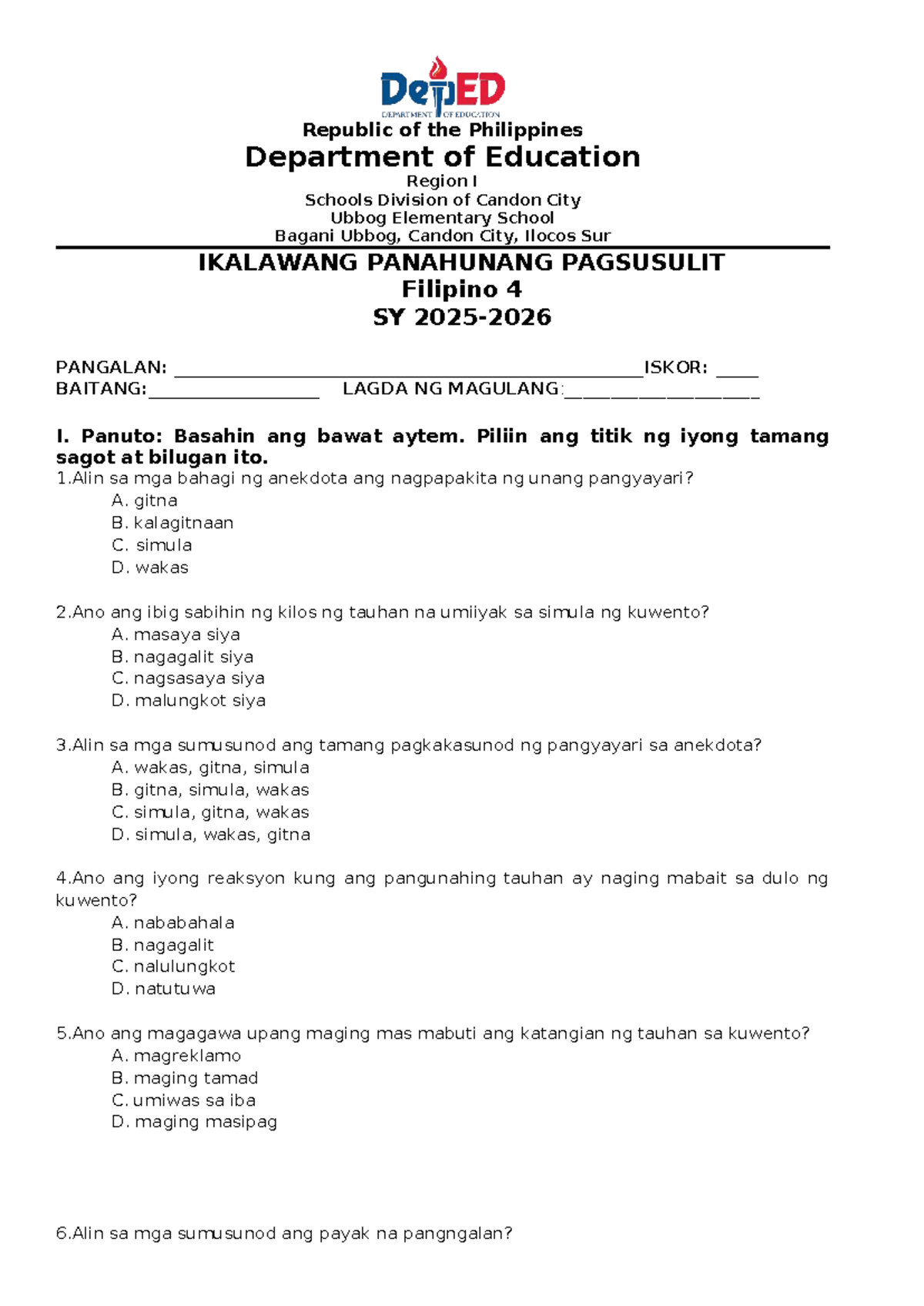 FIL4-IKALAWANG MARKAHANG PAGSUSULIT sa Filipino 4 SY - Studocu