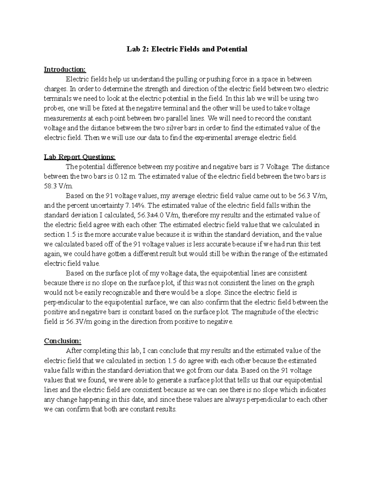 Lab Report 2: Electric Fields & Potential Analysis - Studocu