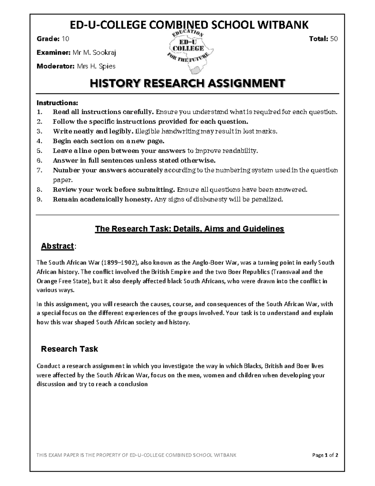 HISTORY RESEARCH ASSIGNMENT GRADE 10: SOUTH AFRICAN WAR IMPACT - Studocu