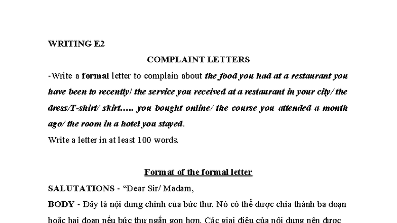 Writing E2 Complaint Letters: Formal Letter Guidelines - Studocu