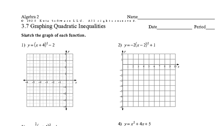 Algebra 2: 3.7 Graphing Quadratic Inequalities Worksheet - Studocu