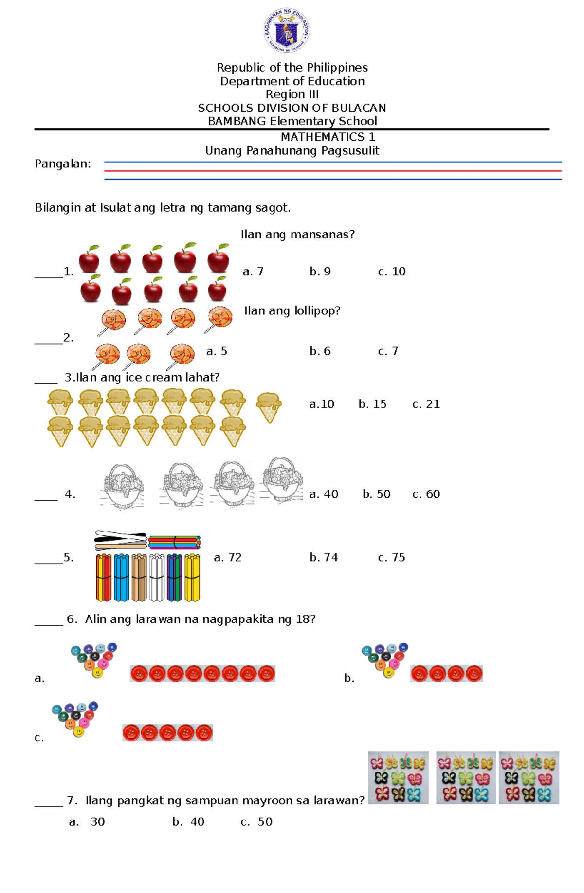 1st Periodical TEST MATH 1 Q1 - Unang Panahunang Pagsusulit - Studocu