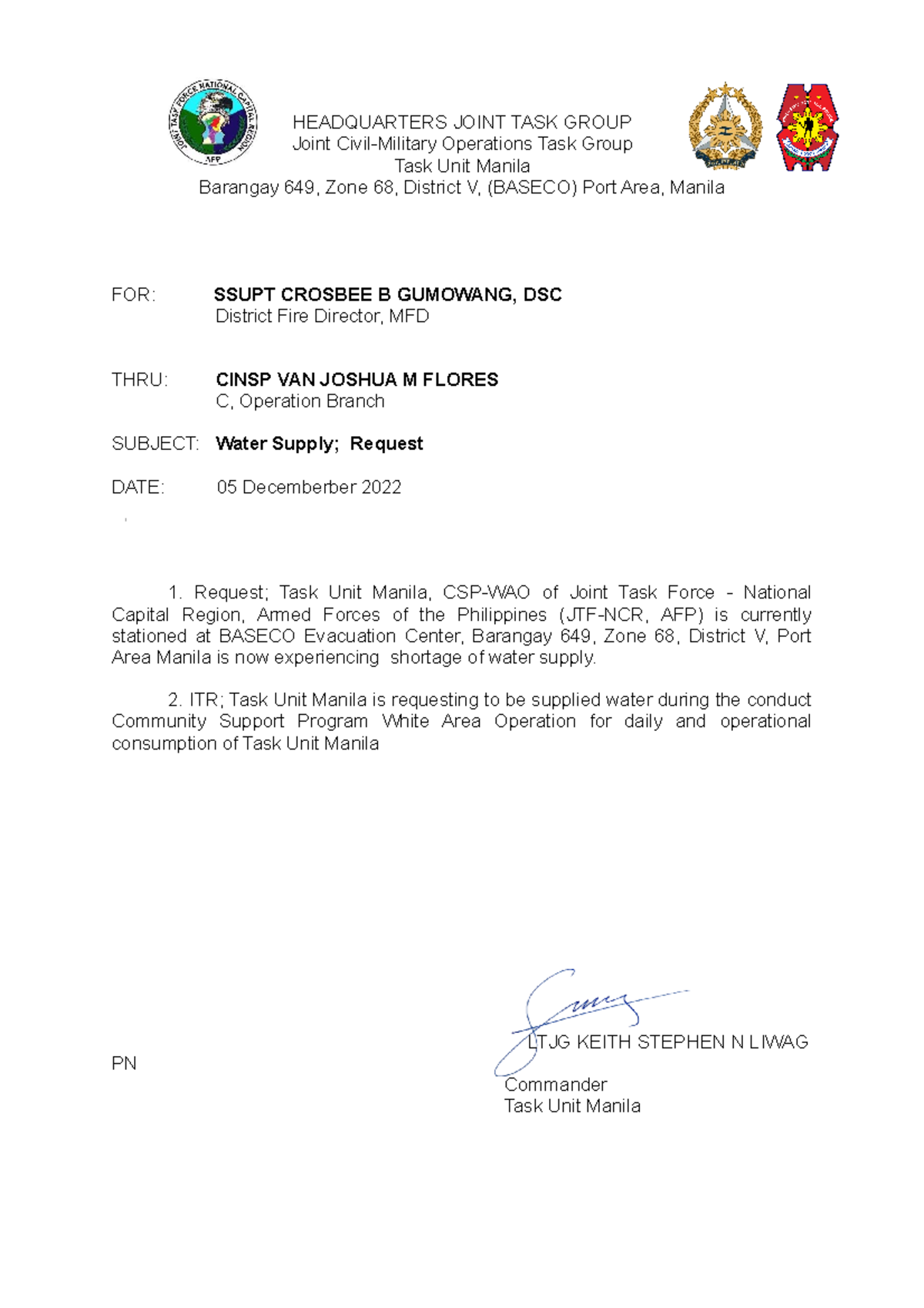 BFP Request letter - none - HEADQUARTERS JOINT TASK GROUP Joint Civil ...