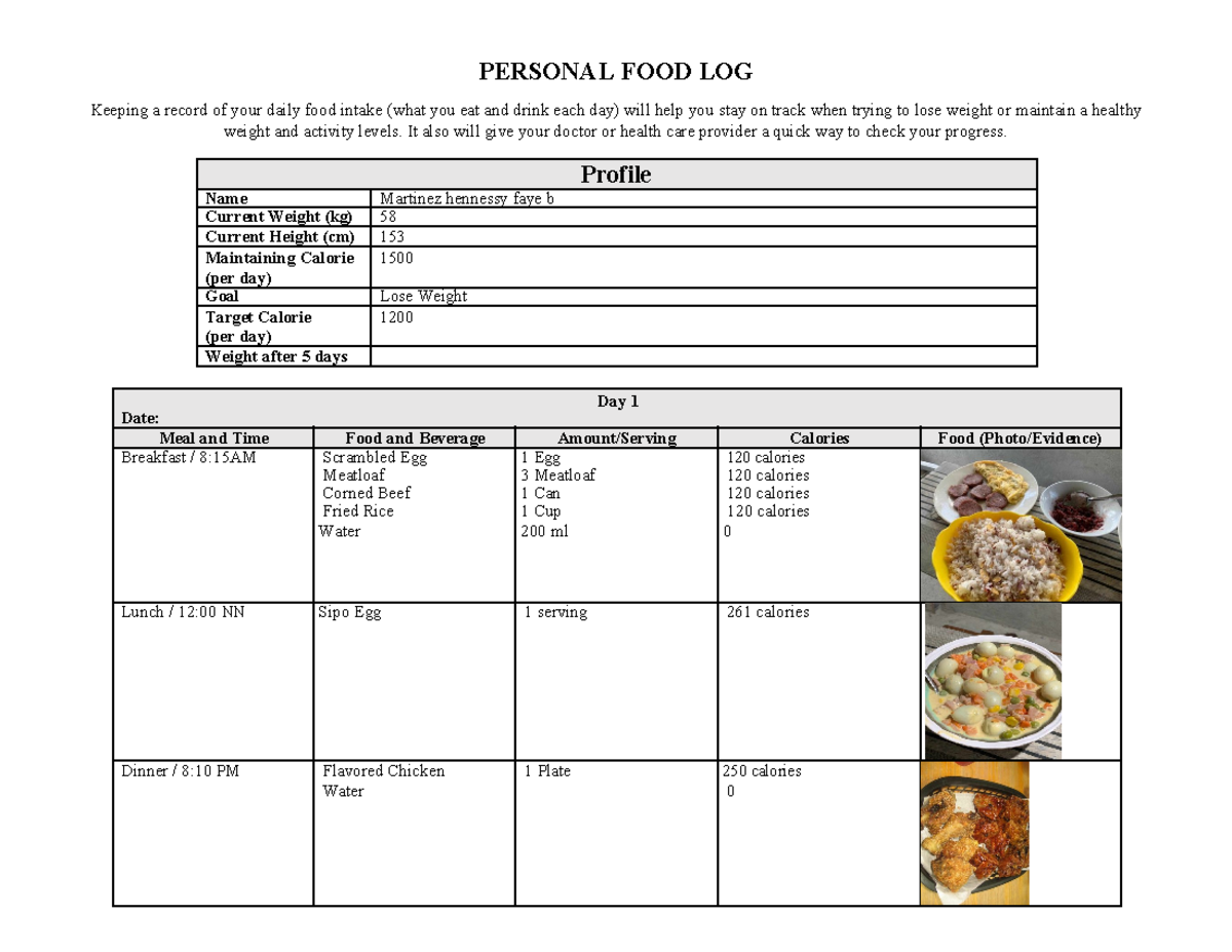 Personal Food Log 2024 - PathFit 103 Daily Intake Tracker - Studocu