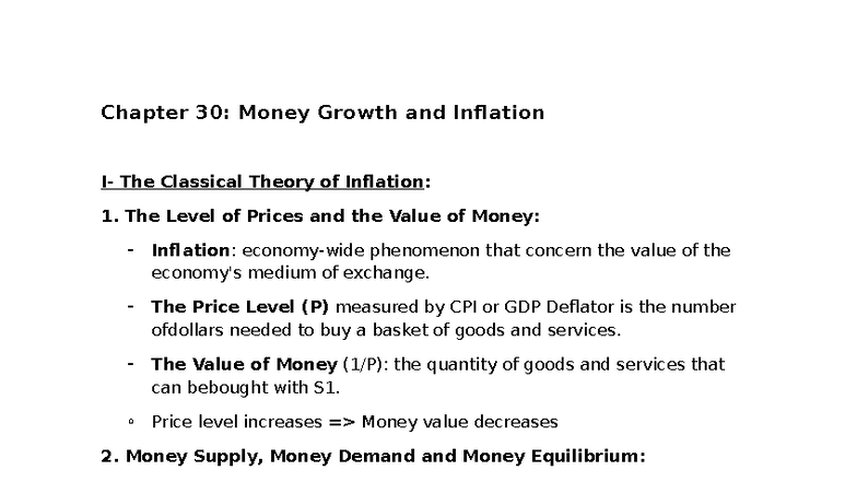 Chapter 30: Money Growth & Inflation - Classical Theory Overview - Studocu