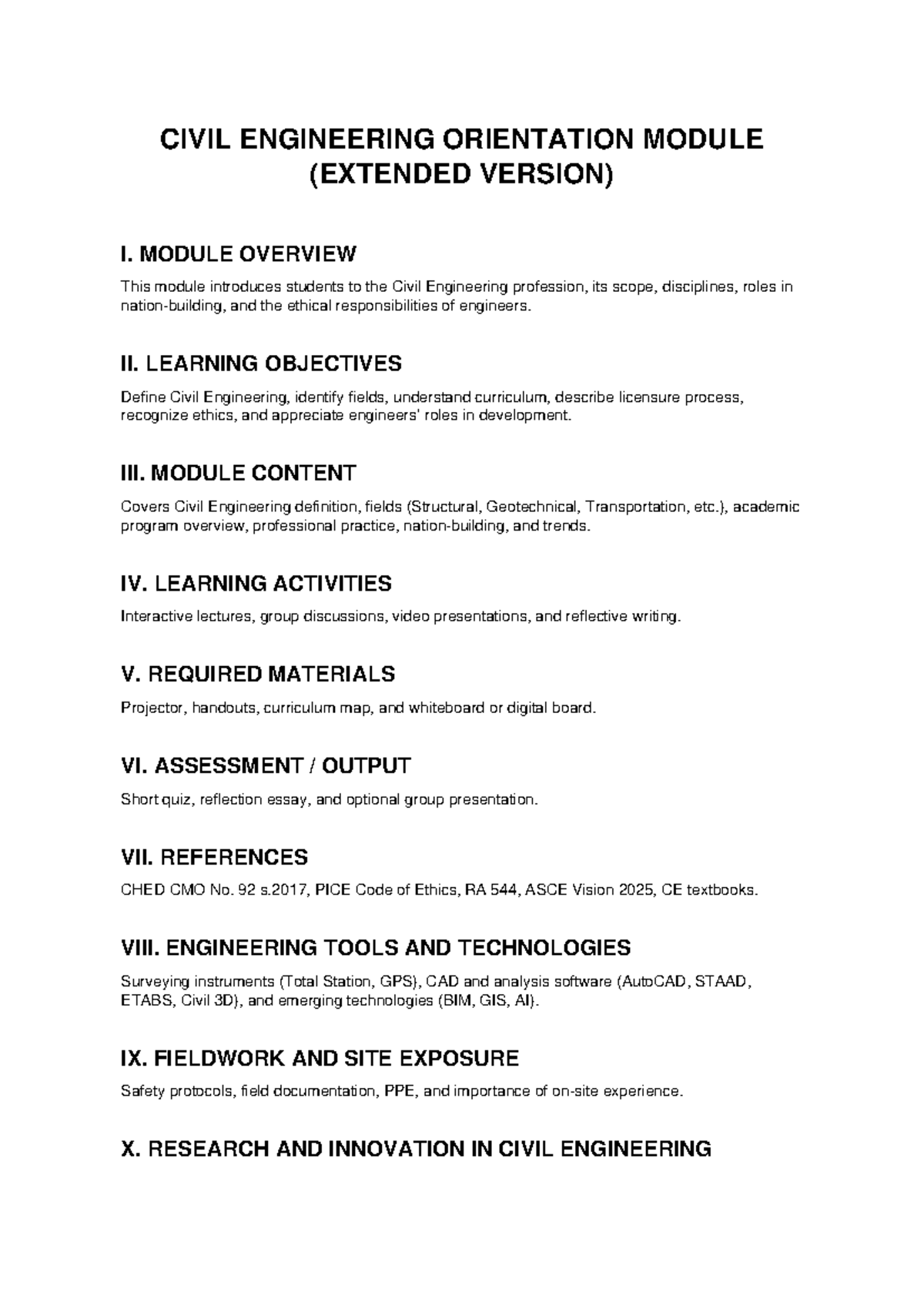 CIVIL ENG 101: Extended Orientation Module Overview and Objectives - Studocu