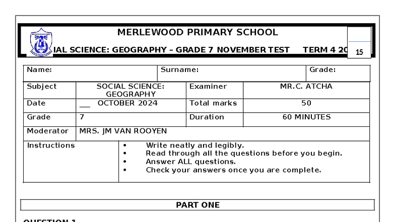 Geography Grade 7 2025 November Test: Social Science Insights - Studocu