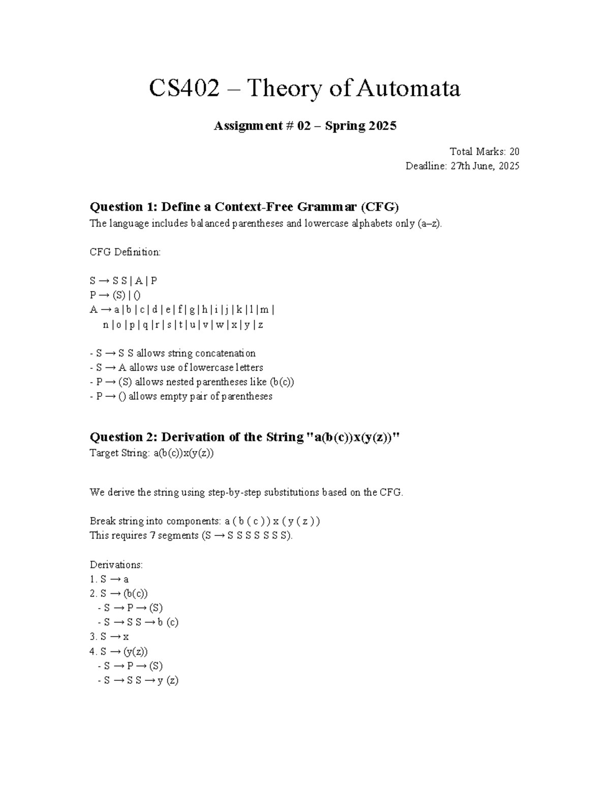 CS402 Theory of Automata Assignment 02 Solutions - Spring 2025 - Studocu
