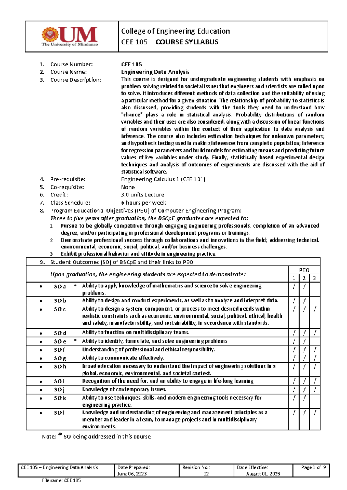 CEE 105 - Syllabus for Engineering Data Analysis Course (Rev. 2023 ...