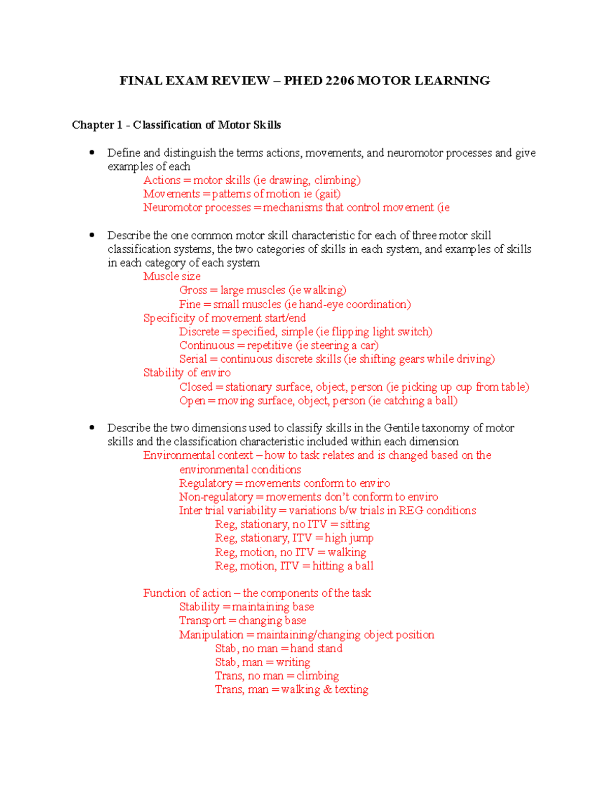 PHED 2206 Final Exam Review: Key Concepts in Motor Learning - Studocu