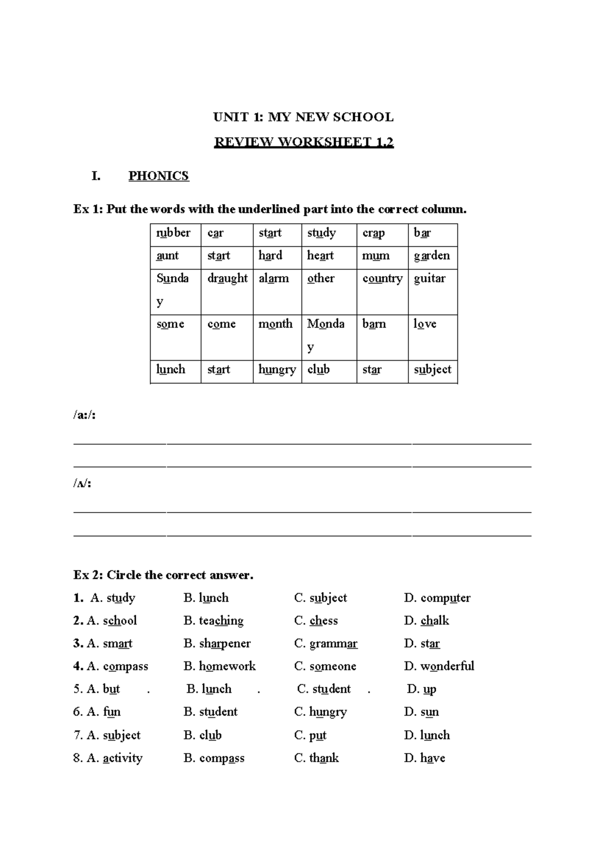 GS6 U1: My New School Review Worksheet for Test - Studocu