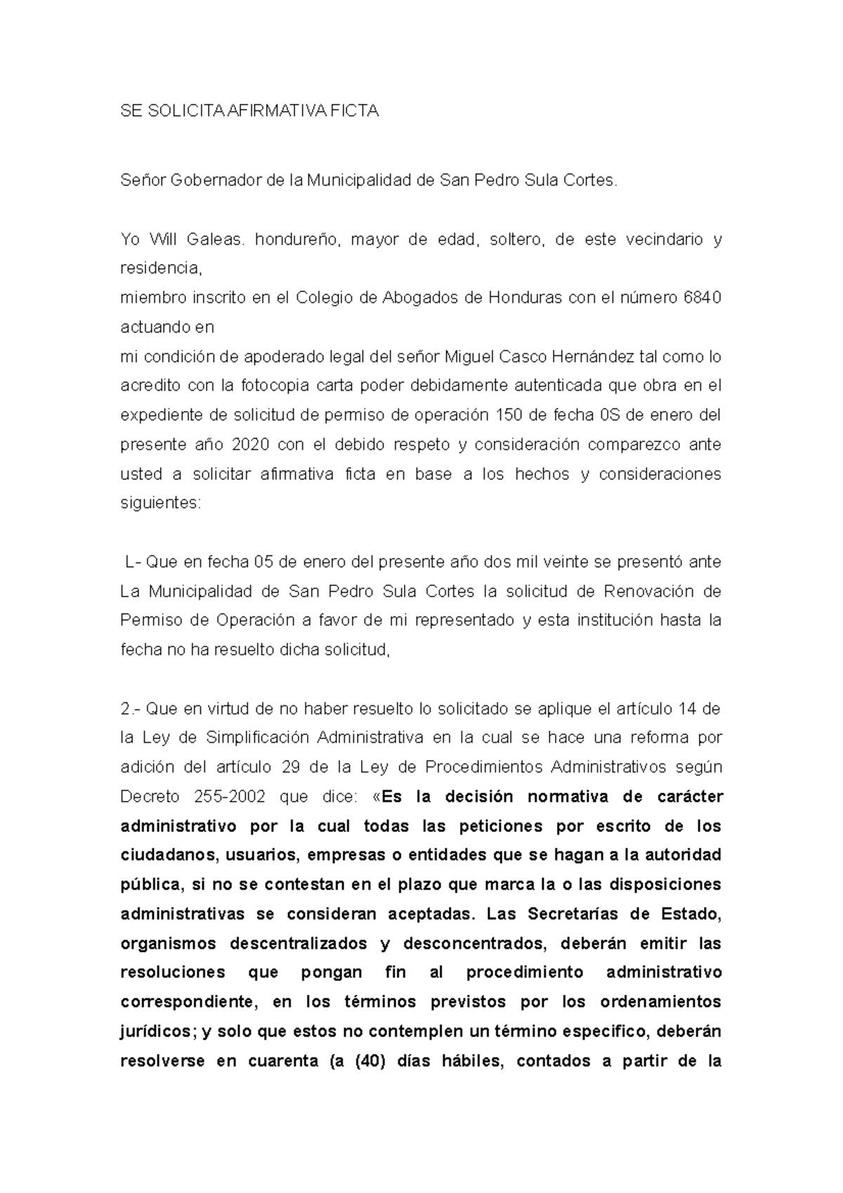Afirmativa ficta - Parte de examen - SE SOLICITA AFIRMATIVA FICTA Señor ...