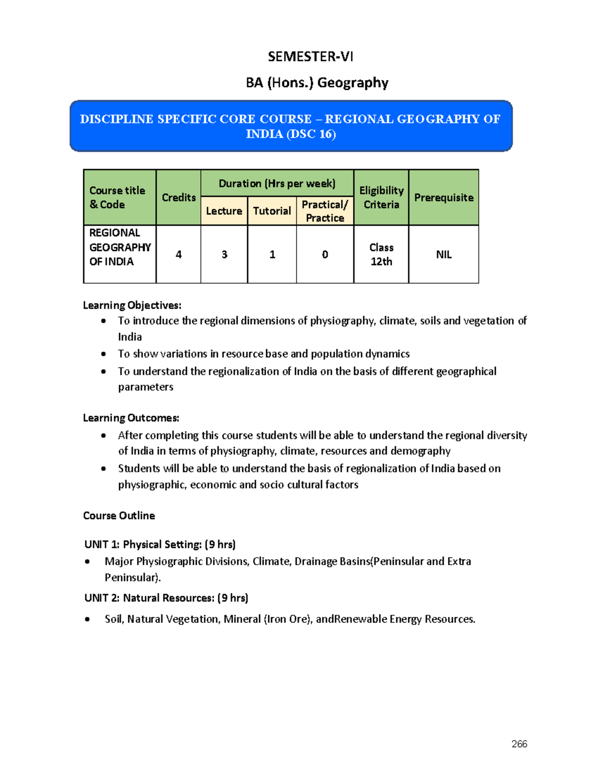 BA (Hons.) Geography DSC 16: Regional Geography of India Syllabus - Studocu