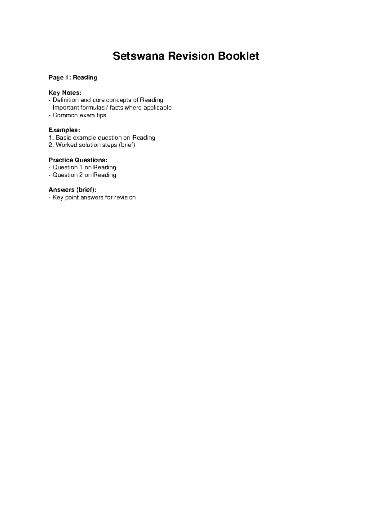 Setswana Revision Booklet: Key Notes & Practice Questions - Studocu