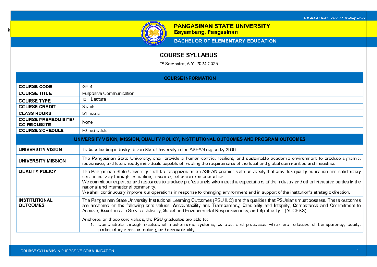 GE4 Purposive Communication Course Syllabus for 2024-2025 - Studocu