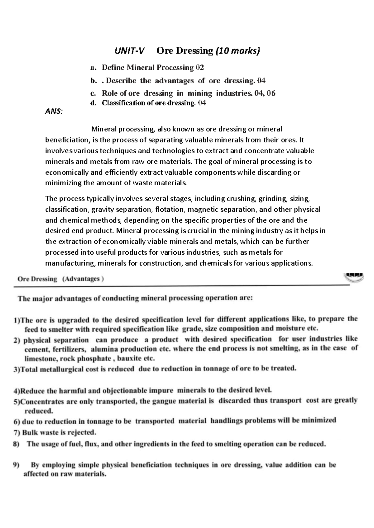 MEC U5 - Ore Dressing and Mineral Processing Overview for Exams - Studocu