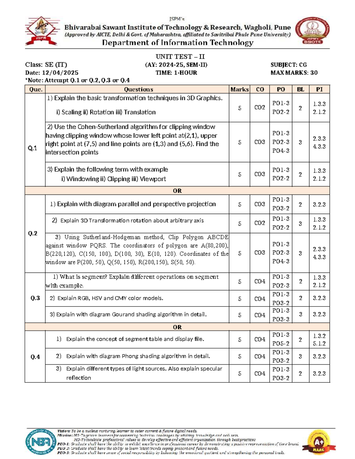 UNIT TEST 2 CG - Ut 2 paper - UNIT TEST – II 1) Explain the basic ...
