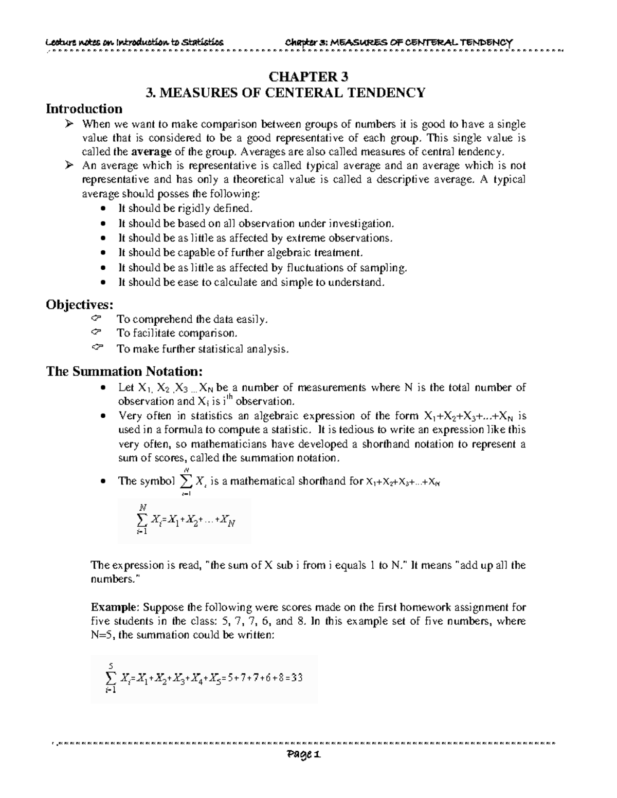 Lecture Notes: Introduction to Statistics (Chapter 3) - Measures of ...