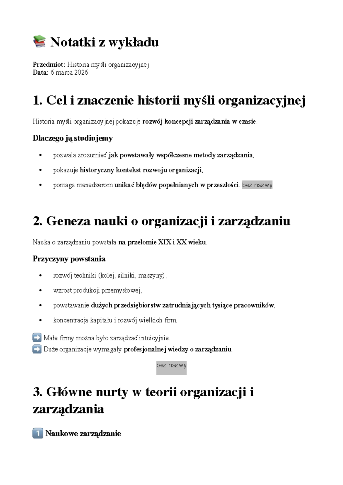 Notatki z wykładu: Historia myśli organizacyjnej (HMO 101) - Studocu