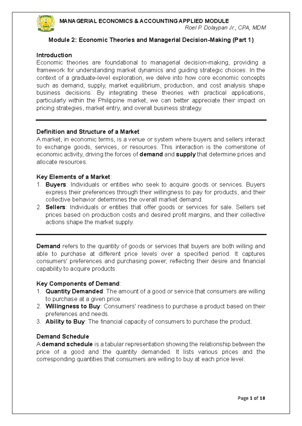 Module 2: Economic Theories & Managerial Decision-Making (Part 1) - Studocu