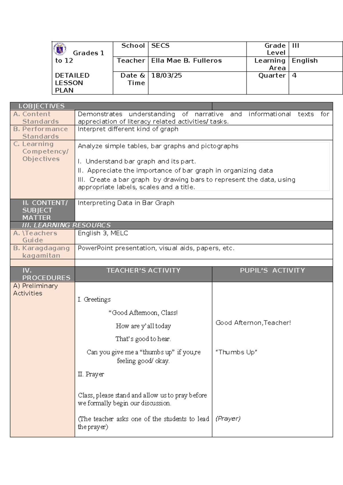 LP 9 - Detailed Lesson Plan on Bar Graphs for Grade 3 - Studocu