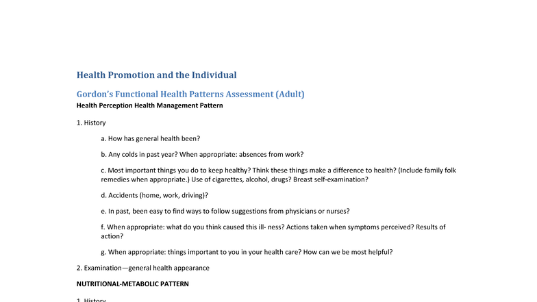 Gordon's Functional Health Patterns Assessment (Adult) - Health ...