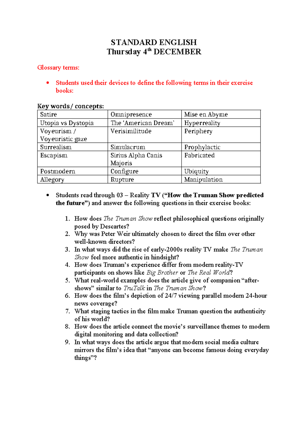 Mod B: Standard English Glossary & Questions on The Truman Show - Studocu