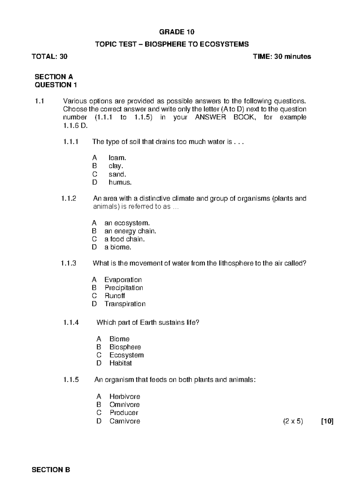 Gr.10 Test: Biosphere to Ecosystems Assessment Guide - Studocu