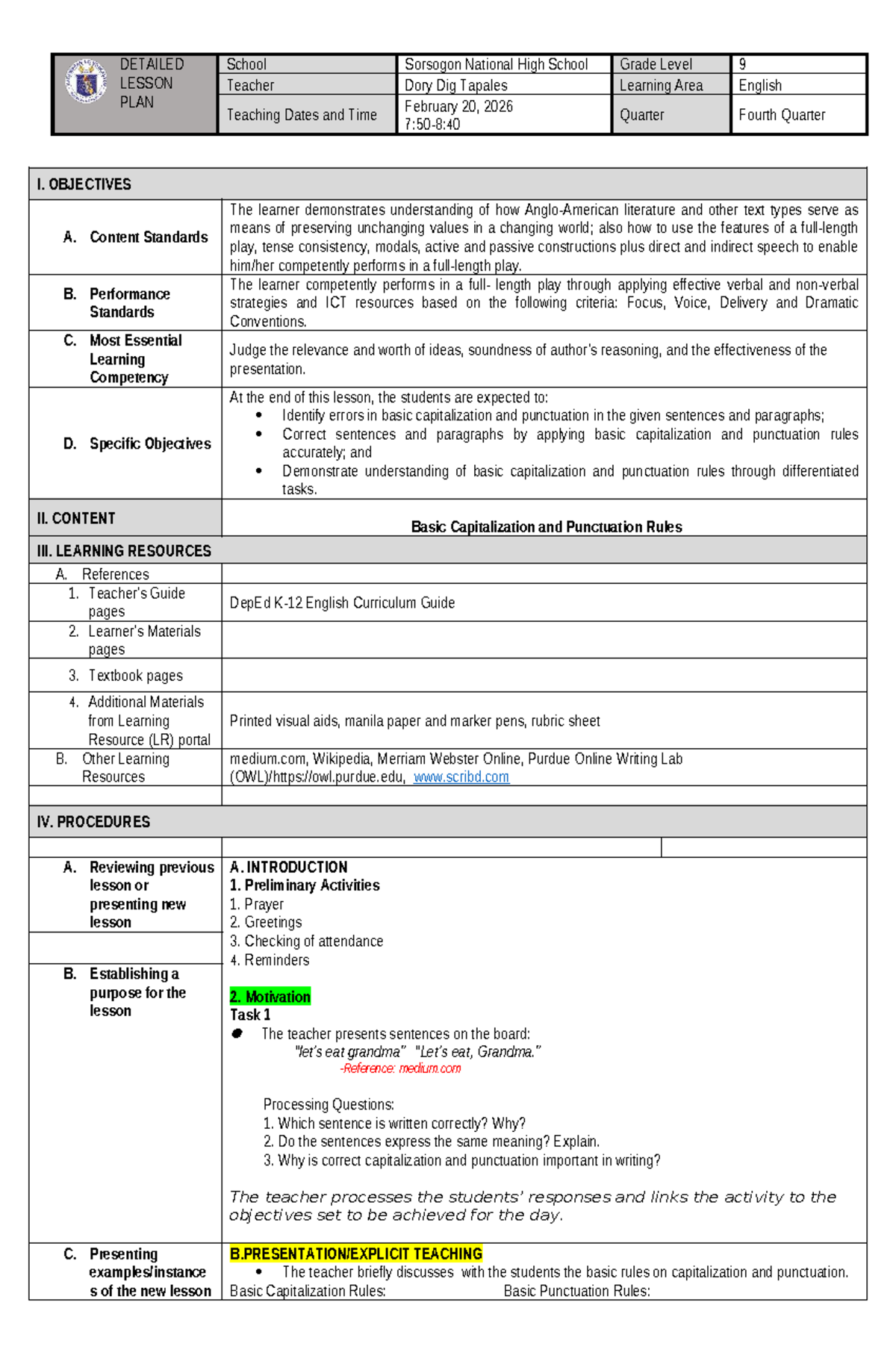 Detailed Lesson Plan on Capitalization & Punctuation (Grade 9 English ...