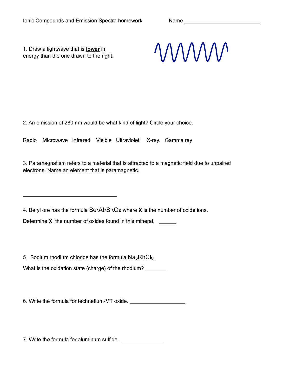 Ionic Compounds & Emission Spectra Homework Questions - Studocu