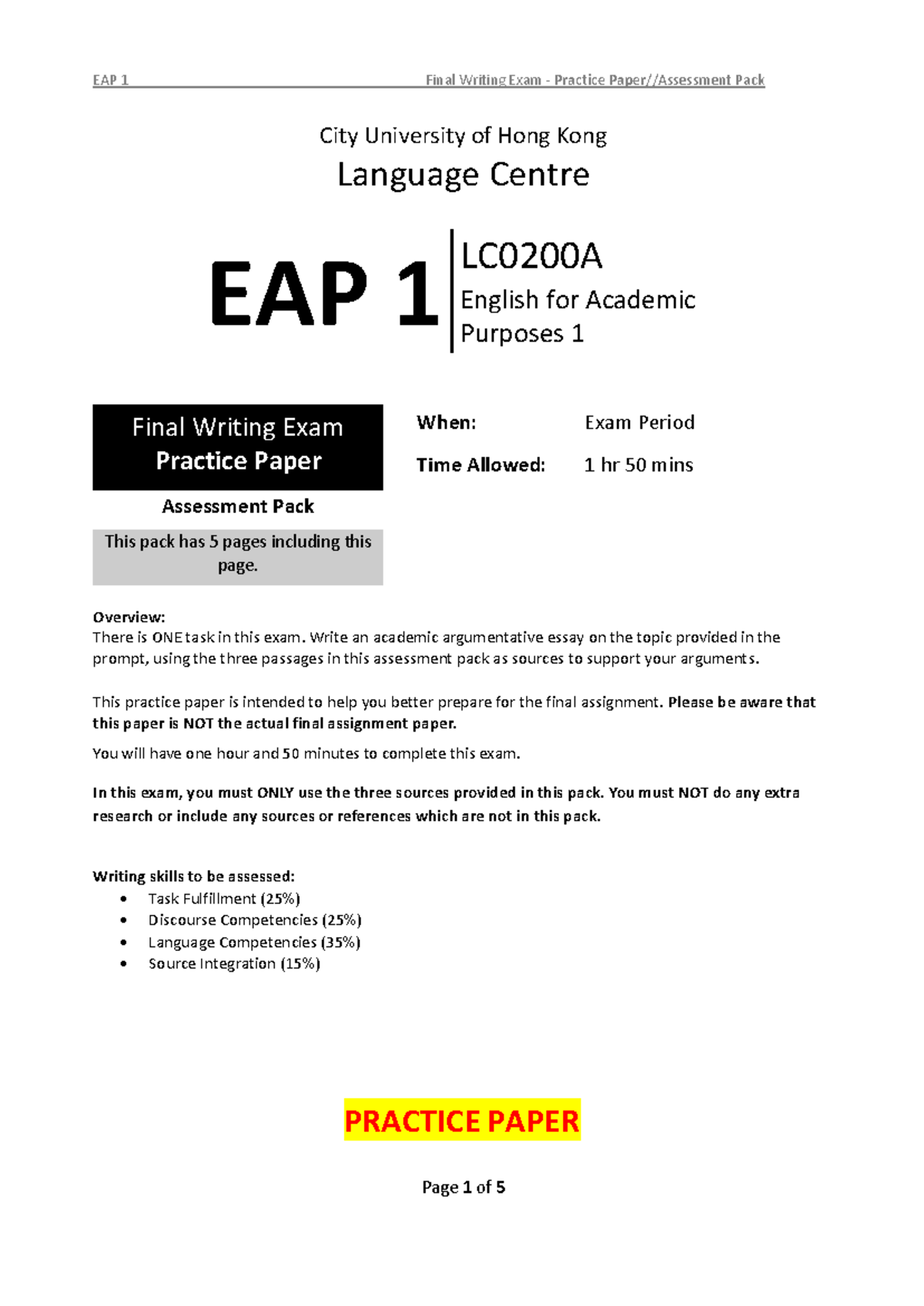 EAP 1 - Final Writing Exam - Practice Paper - Assessment Pack - V1 - EAP 1 Final Writing Exam ...