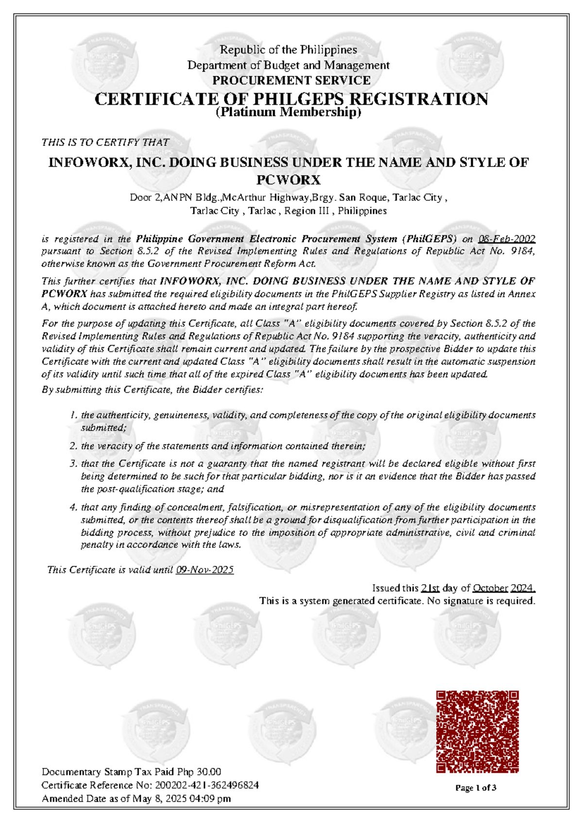 PhilGEPS Registration Certificate for Infoworx, Inc. - Studocu