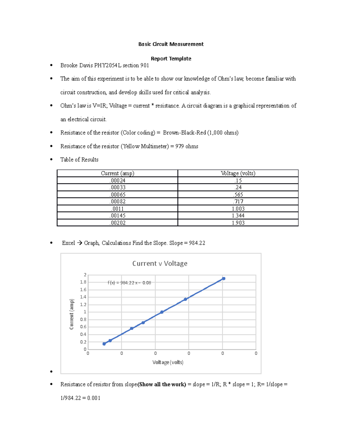 PHY2054L Basic Circuit Lab Report on Ohm’s Law and Measurements - Studocu