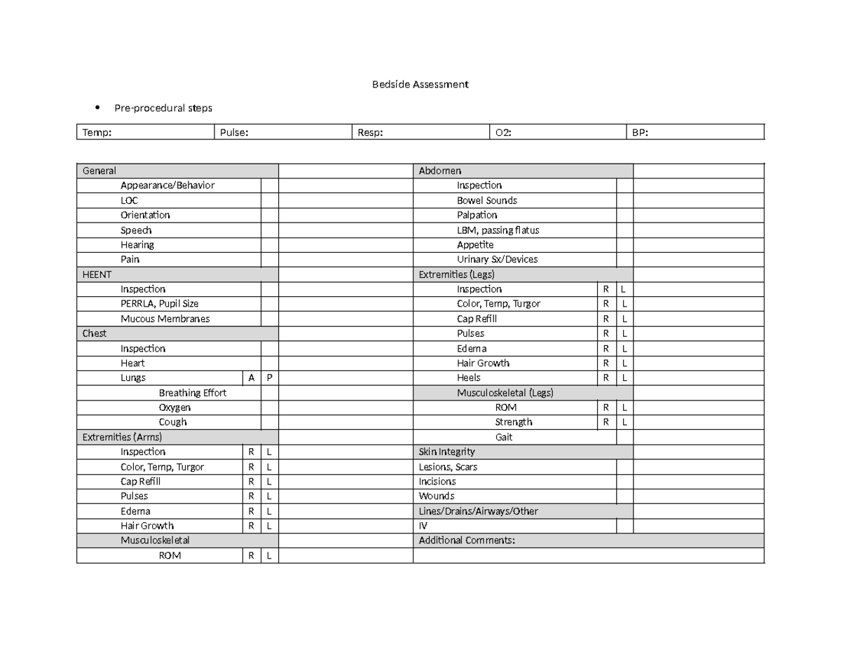 Bedside Assessment - Bedside Assessment Pre-procedural steps Temp ...