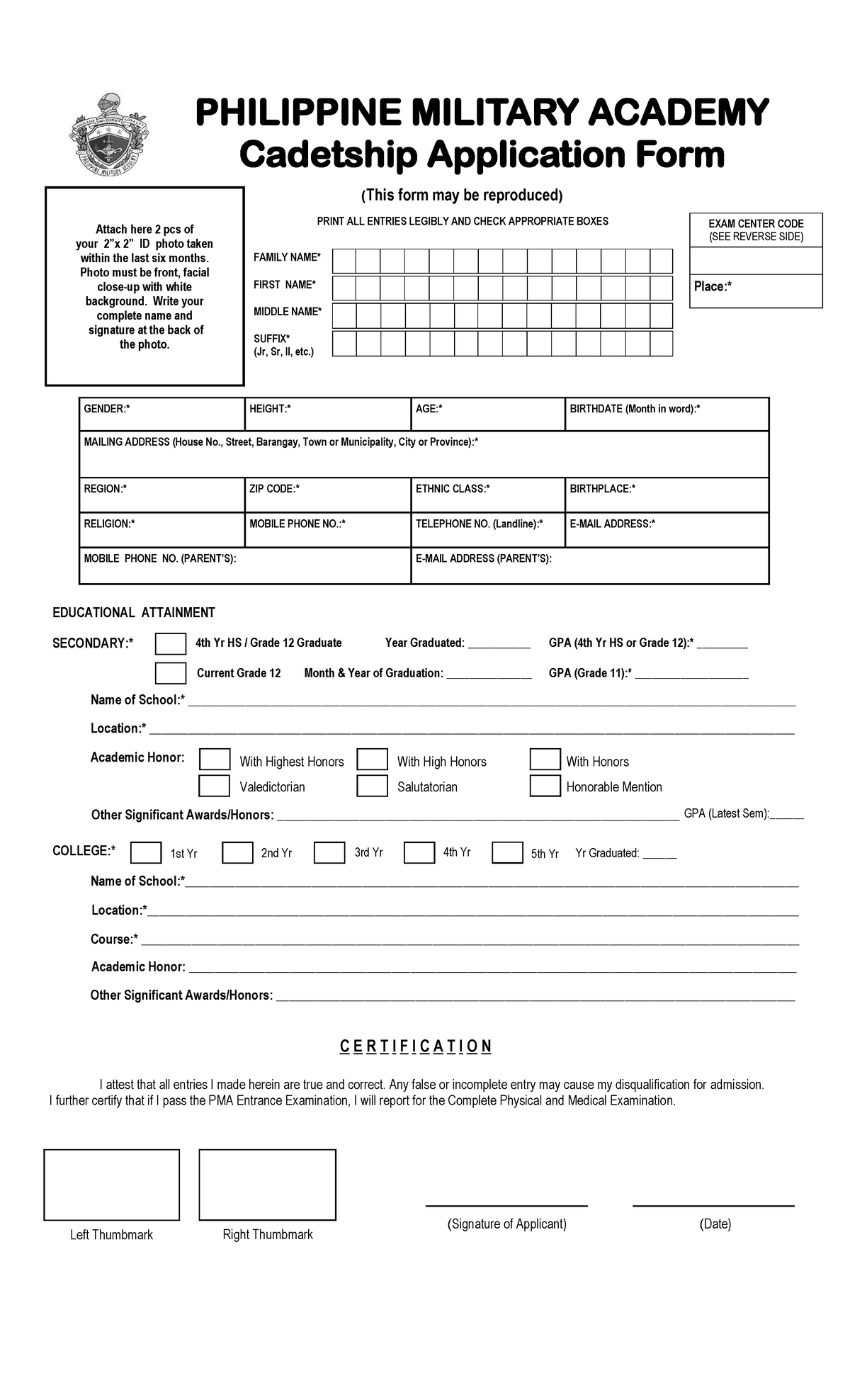 PMA Cadetship Application Form - Complete Instructions and Requirements ...