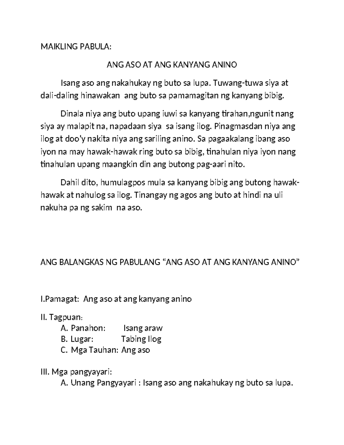 Maikling Pabula: Ang Aso at Ang Kanyang Anino - lufk - Studocu