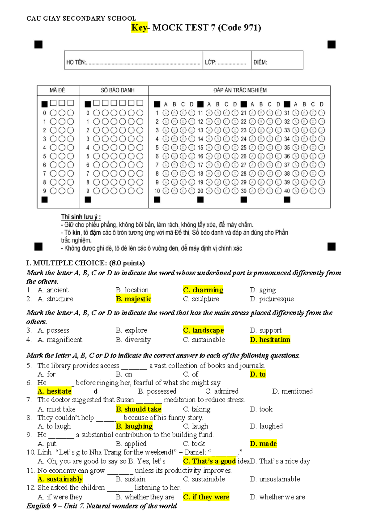 CAU GIAY SECONDARY SCHOOL MOCK TEST 7 KEY (Code 971) - Studocu