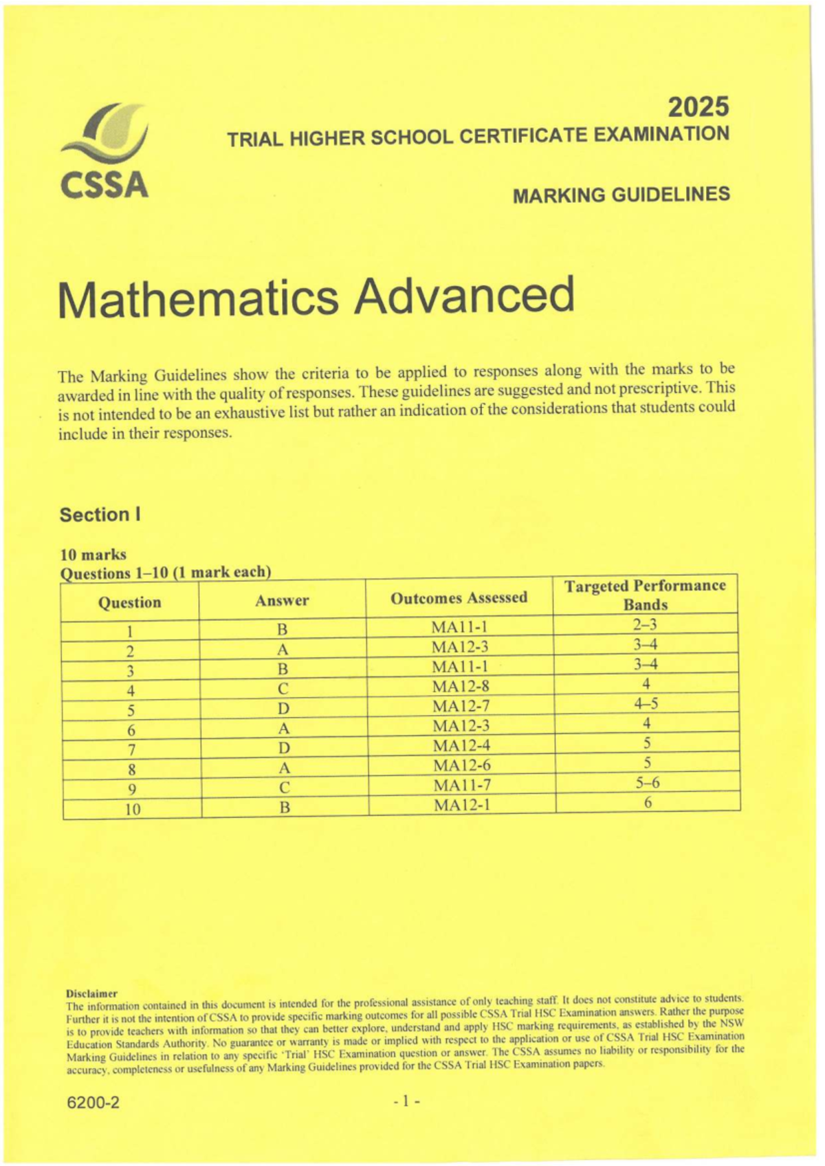 CSSA 2025 Mathematics Advanced Trial Exam Marking Guidelines - Studocu