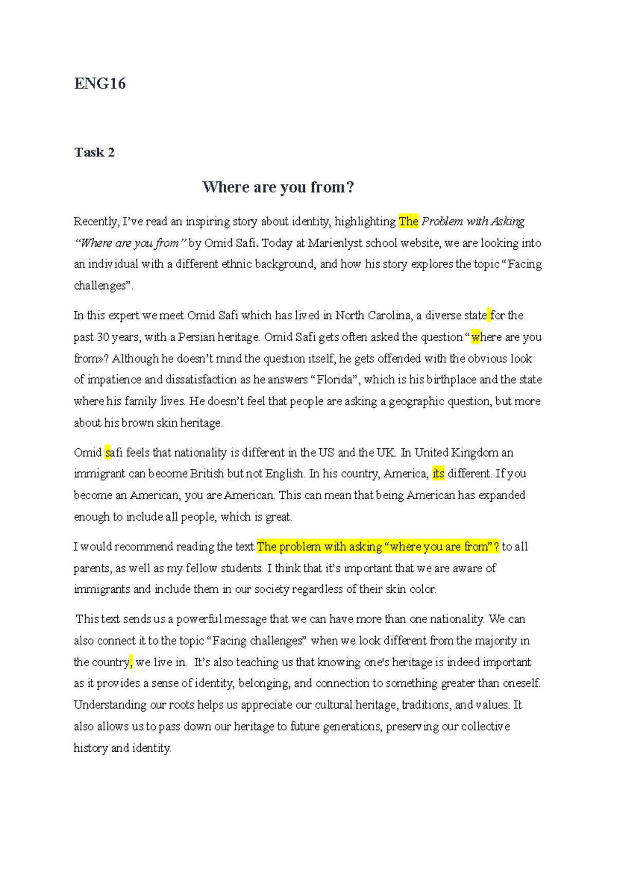ENG16 Task 2: Exploring Identity Through Omid Safi's Story - Studocu
