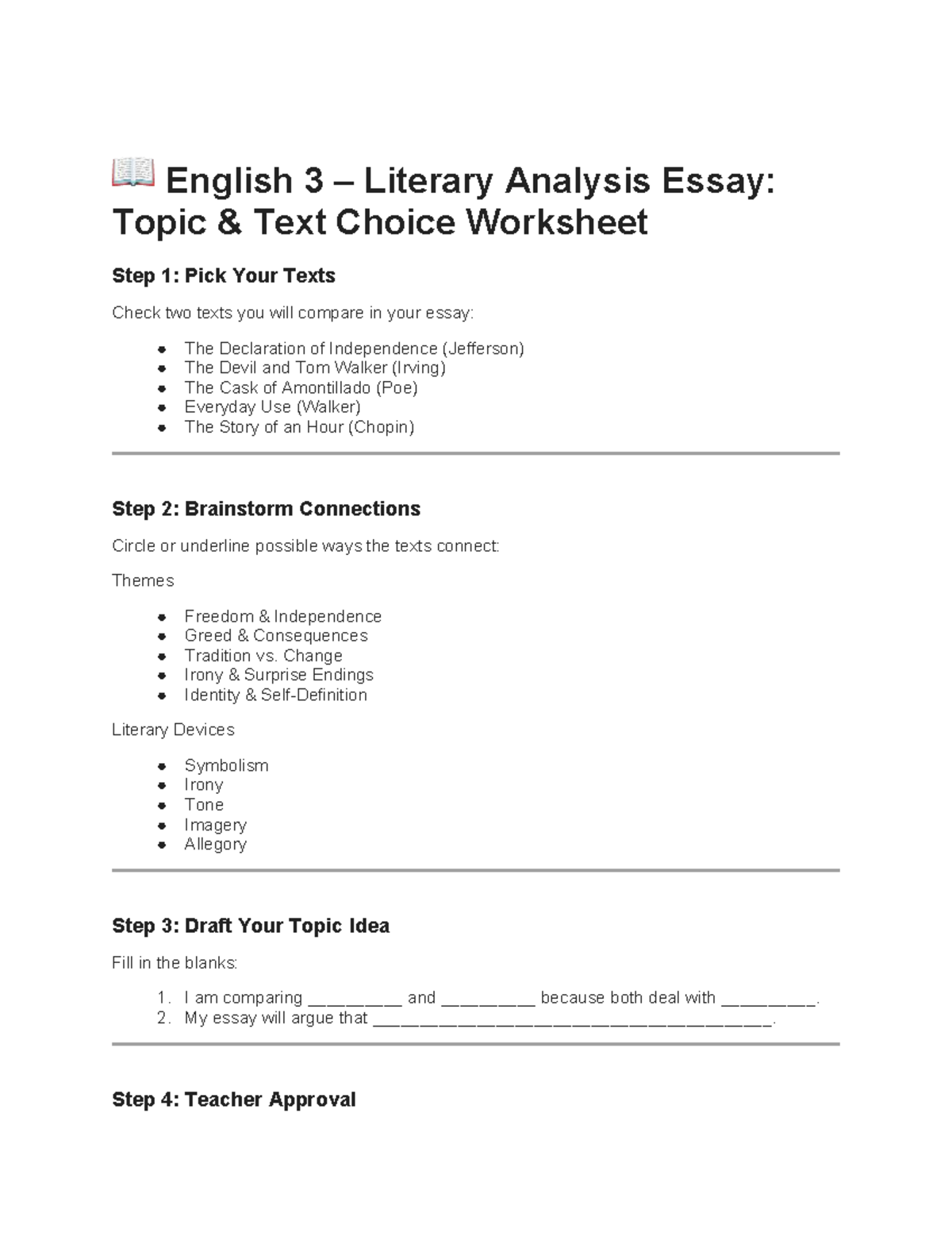 English 3 Honors: Literary Analysis Essay Topic & Text Selection Guide ...