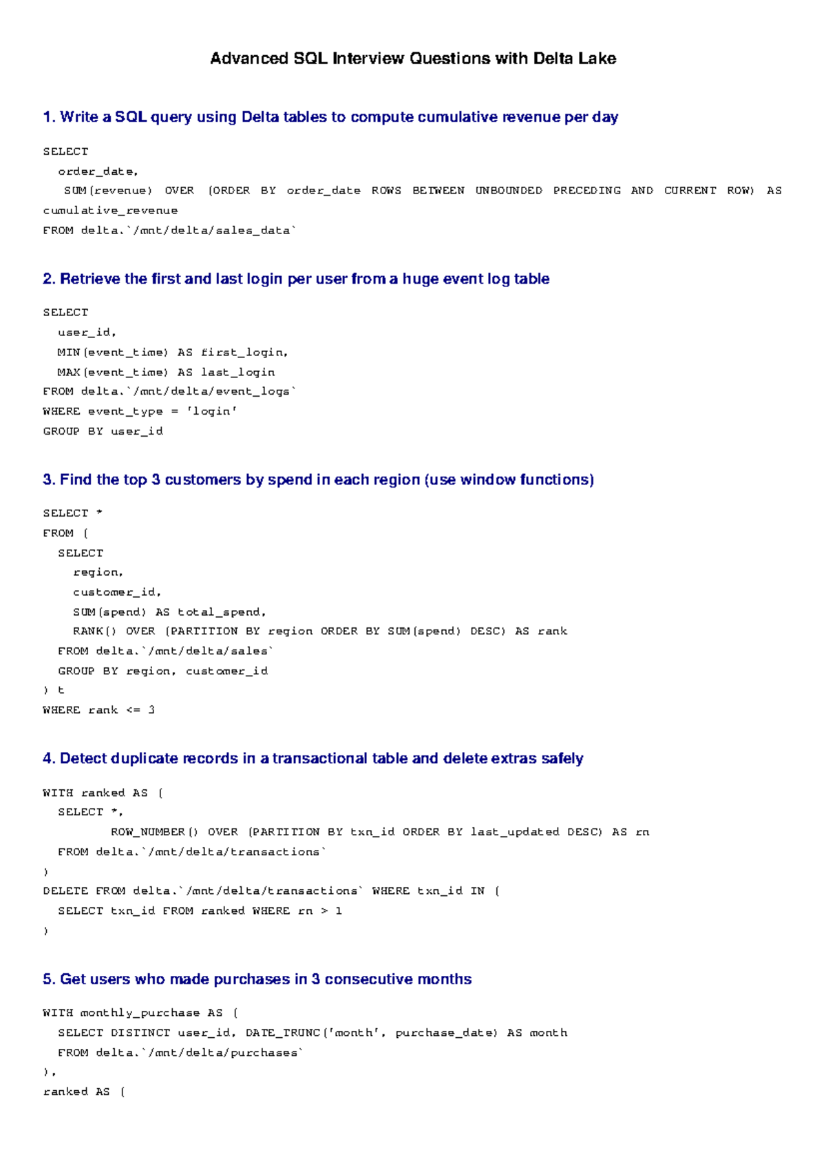 Advanced SQL Delta Interview Questions: Cumulative Revenue & More - Studocu