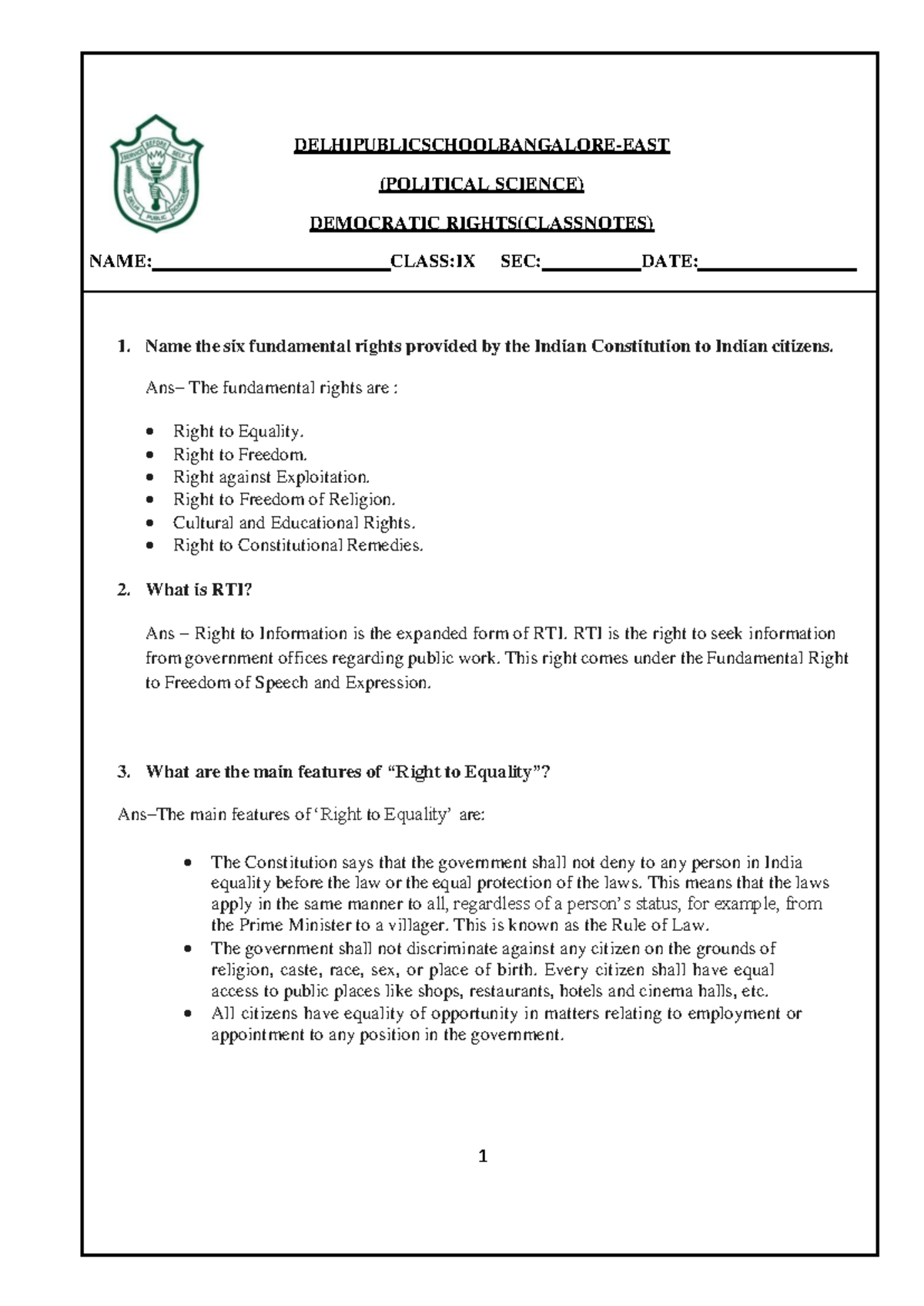 POLITICAL SCIENCE IX: Class Notes on Democratic Rights - Studocu