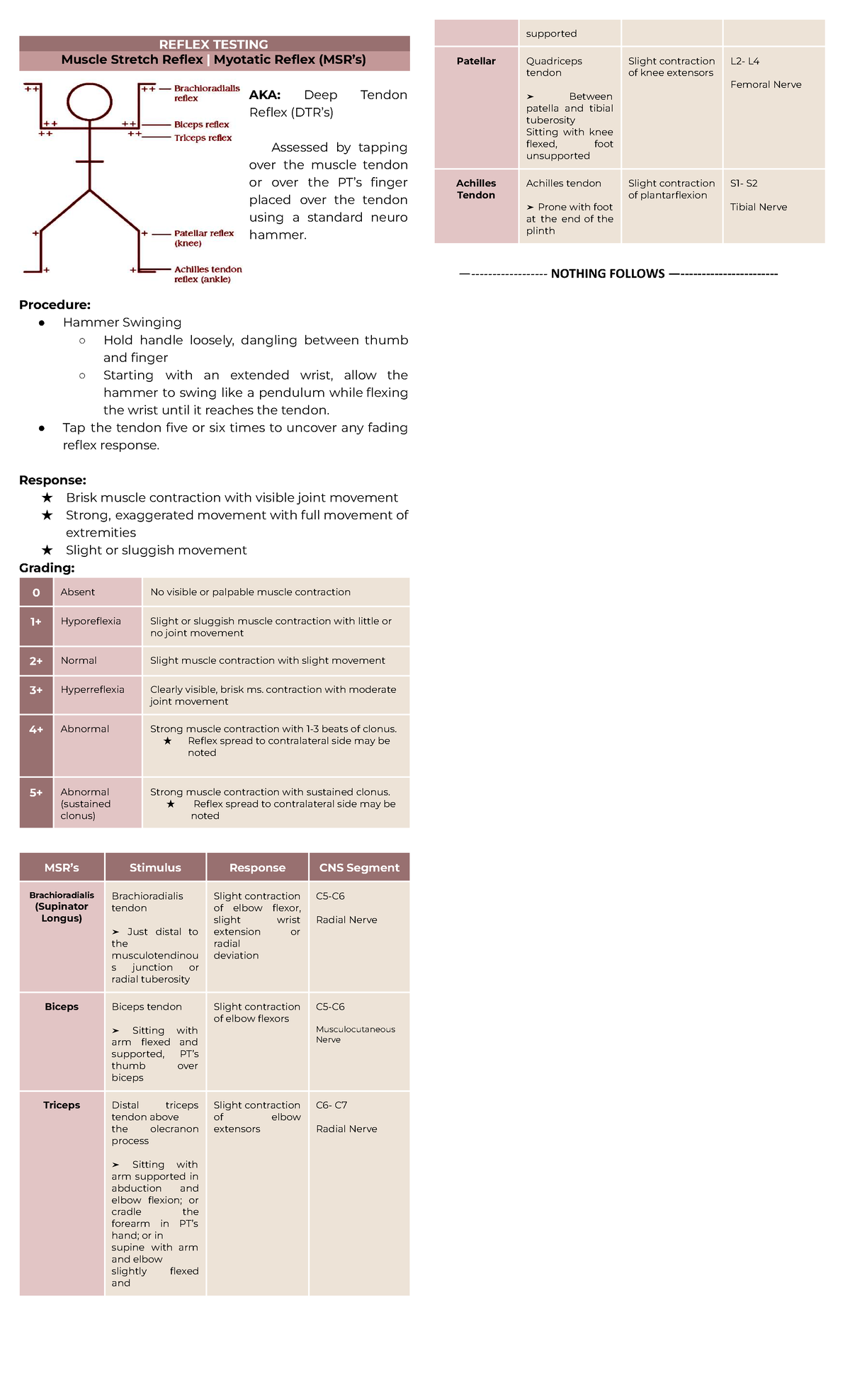 Deep Tendon Reflex Testing Notes (REFLEX TESTING) - Studocu